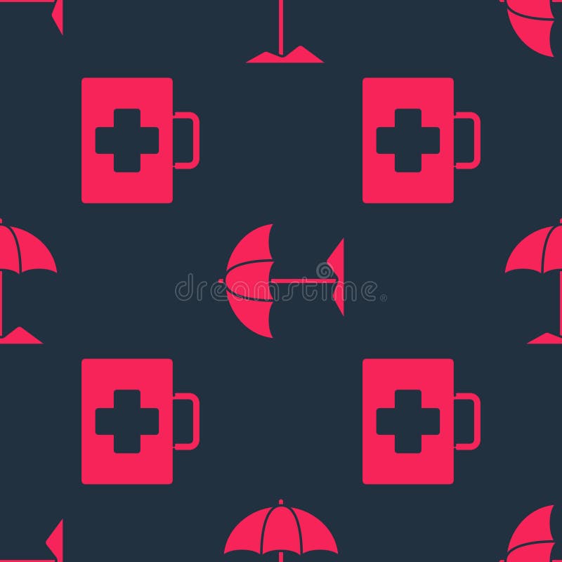 Set First Aid Kit and Sun Protective Umbrella for Beach on Seamless ...