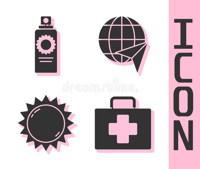 Set First Aid Kit, Sunscreen Spray Bottle, Sun and Globe with Flying ...