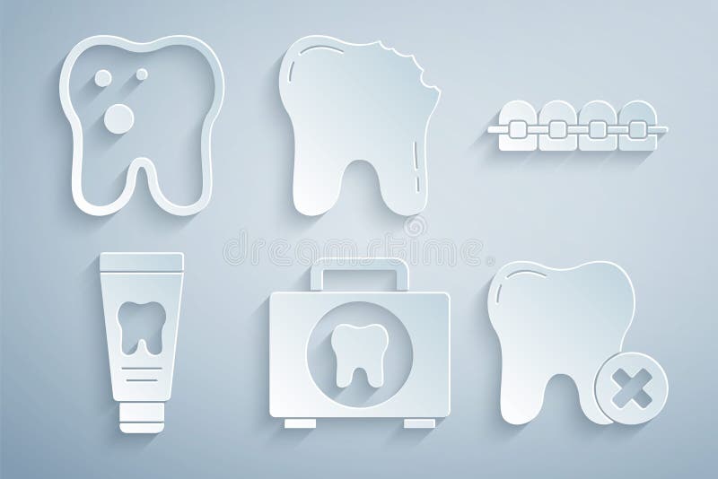 Set First Aid Kit, Teeth with Braces, Tube of Toothpaste, Tooth Caries ...