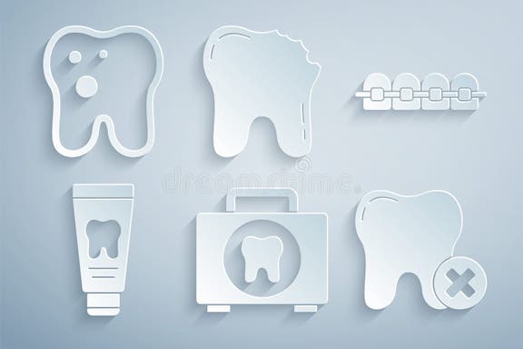 Set First Aid Kit, Teeth with Braces, Tube of Toothpaste, Tooth Caries ...