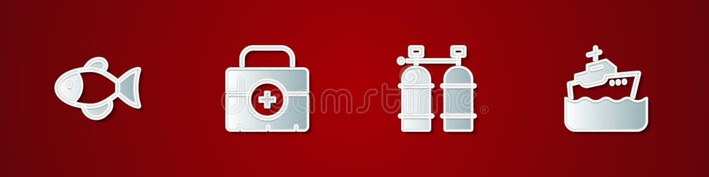 Set Fish, First Aid Kit, Aqualung and Cruise Ship Icon. Vector Stock ...