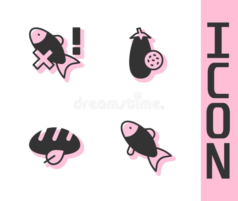 Set Fish, No Fish, Vegan Bread Loaf and Eggplant Icon. Vector Stock ...