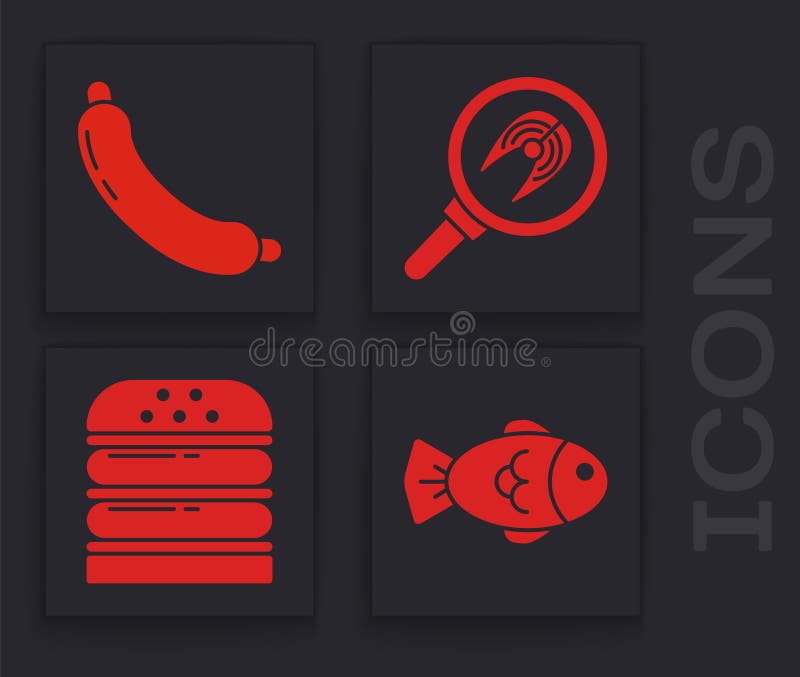 Set Fish, Sausage, Fish Steak in Frying Pan and Burger Icon. Vector ...