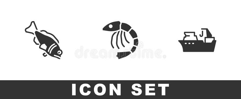 Set Fish, Shrimp and Fishing Boat Icon. Vector Stock Vector ...