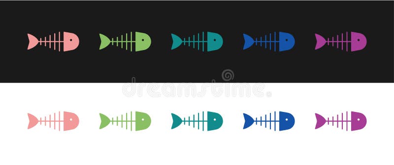 Set Fish Skeleton Icon Isolated on Black and White Background. Fish ...