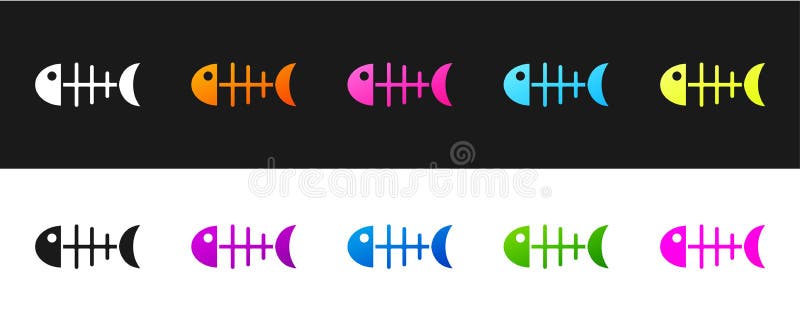 Set Fish Skeleton Icon Isolated on Black and White Background. Fish ...
