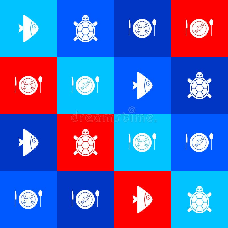 Set Fish, Turtle, Served Crab on a Plate and Fish Icon. Vector Stock ...