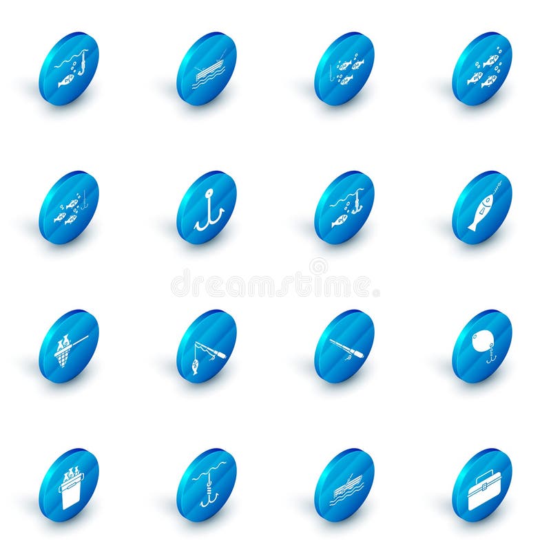 Set Fishing Boat with Fishing Rod on Water, Hook Under, Net, and Icon ...