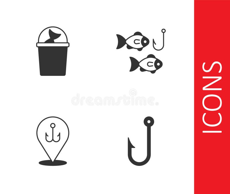 Set Fishing Hook, Bucket with Fish, and Icon. Vector Stock Vector ...