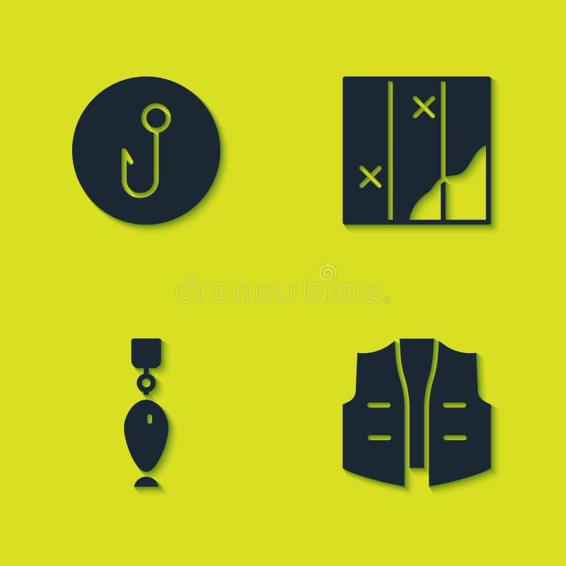 Set Fishing Hook, Jacket, Spoon and Folded Map Icon. Vector Stock ...