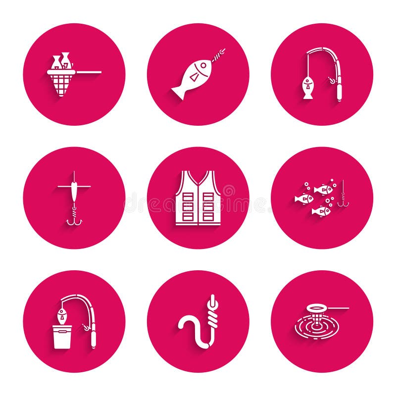 Set Fishing Jacket, Hook and Worm, Net Water, Under with Fish, Rod ...