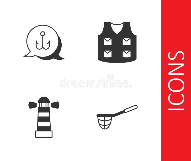 Set Fishing Net, Hook, Lighthouse and Jacket Icon. Vector Stock Vector ...