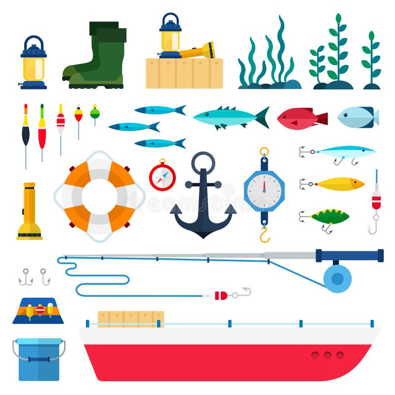 Set of Fishing Tools Icons Flat Vector Stock Vector - Illustration of ...