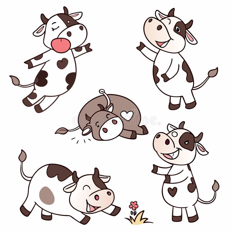Set of Five Adorable Cartoon Cows in Various Pose Stock Vector ...