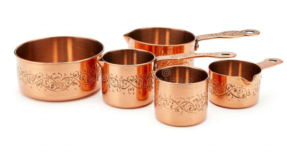 Set of Five Copper Measuring Cups with Intricate Engraved Patterns. the ...