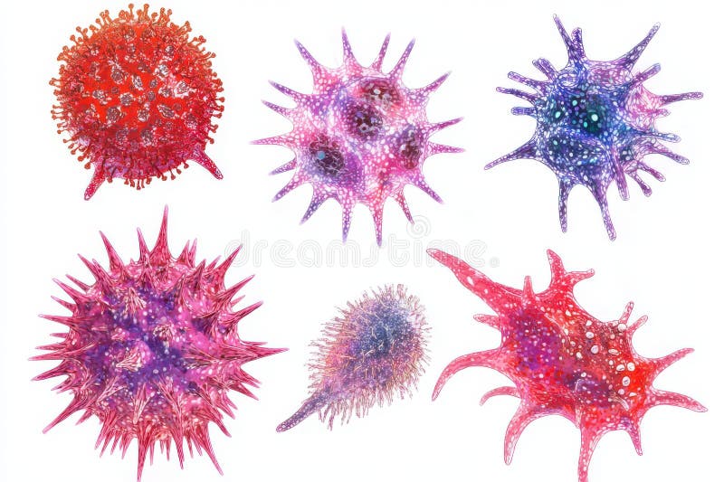 A Set of Five Different Stylized Microscopic Virus Representations ...