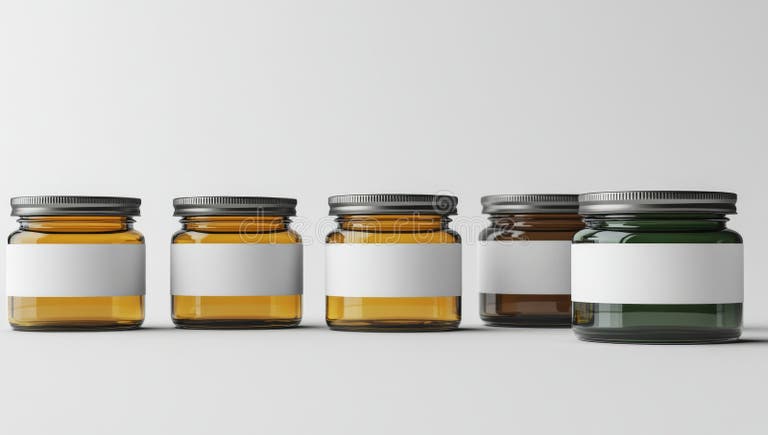 A Set of Five Glass Jars, Each with a White Label, Positioned on a ...