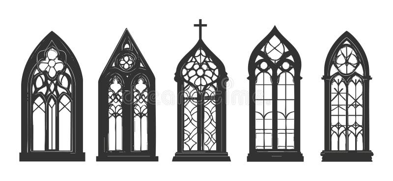 Set of Five Gothic Church Windows with Intricate Stained Glass Designs ...
