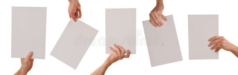 Set of Five Hands Holding a White Sheet A4 Stock Image - Image of ...