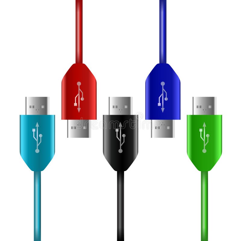 Set of Five Isolated USB Cables in Five Colors Stock Vector ...