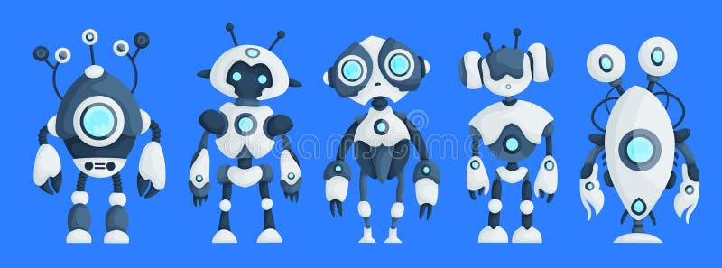 Set of Five Modern Robots Isolated on Blue Background Cute Character ...