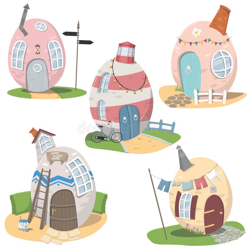 Set of Five Oval Houses with Exterior on a White Background Stock ...