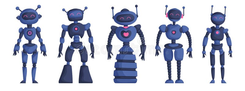 Set of Five Robot Girls Isolated on White Background. Blue Characters ...