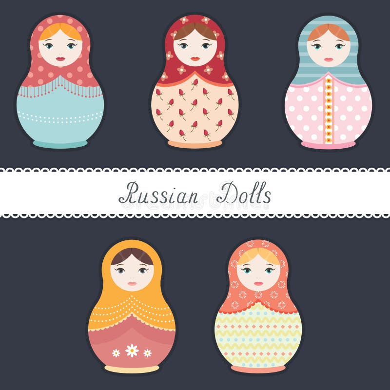 Set of Five Simple Colorful Russian Dolls on Dark Background - Flat ...