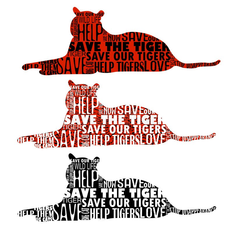 Set of Five Tiger Silhouettes with Words in Shape Stock Vector ...
