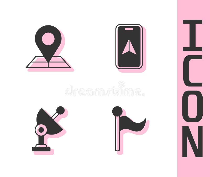 Set Flag, Folded Map with Location Marker, Radar and City Navigation ...