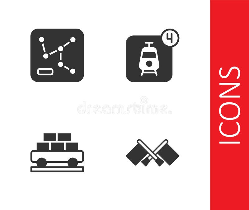 Set Flag, Railway Map, Cargo Train Wagon and Online Ticket Booking Icon ...