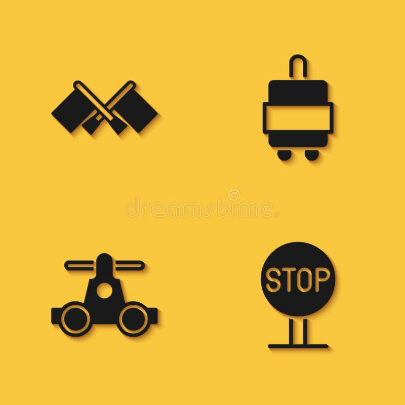 Set Flag, Stop Sign, Handcar Transportation and Suitcase Icon with Long ...