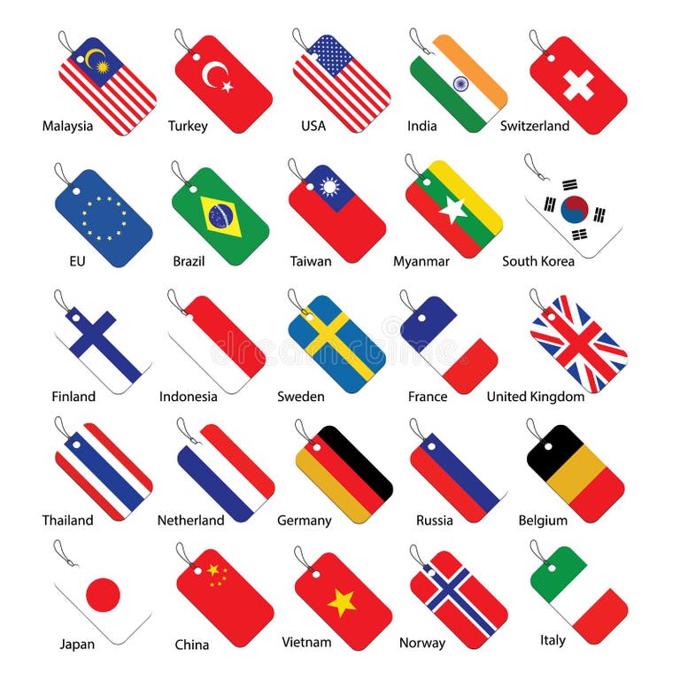 Set of 25 flag tags stock vector. Illustration of africa - 64072608