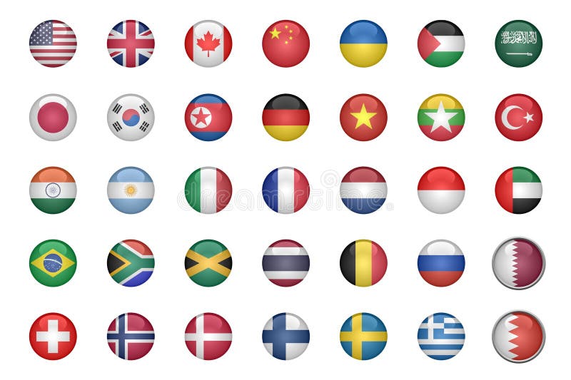 Set of Flags Buttons of Various Countries, 3d Shaped and Glossy Stock ...