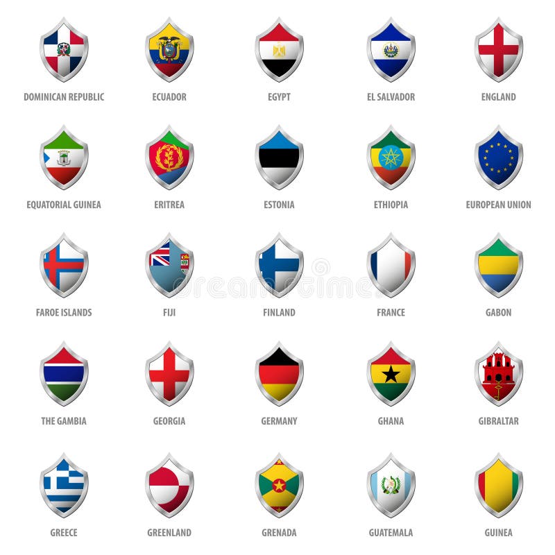 Set of Flags on Metal Shiny Shield Illustration. Stock Illustration ...