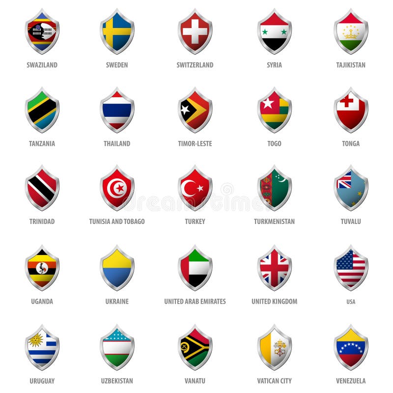 Set of Flags on Metal Shiny Shield Illustration. Stock Illustration ...