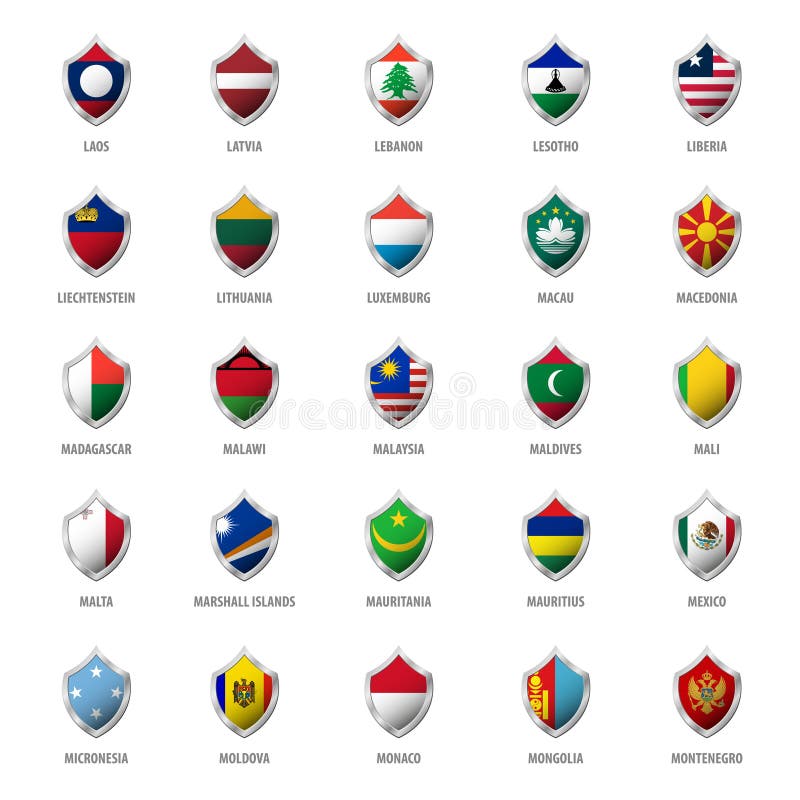 Set of Flags on Metal Shiny Shield Illustration. Stock Illustration ...
