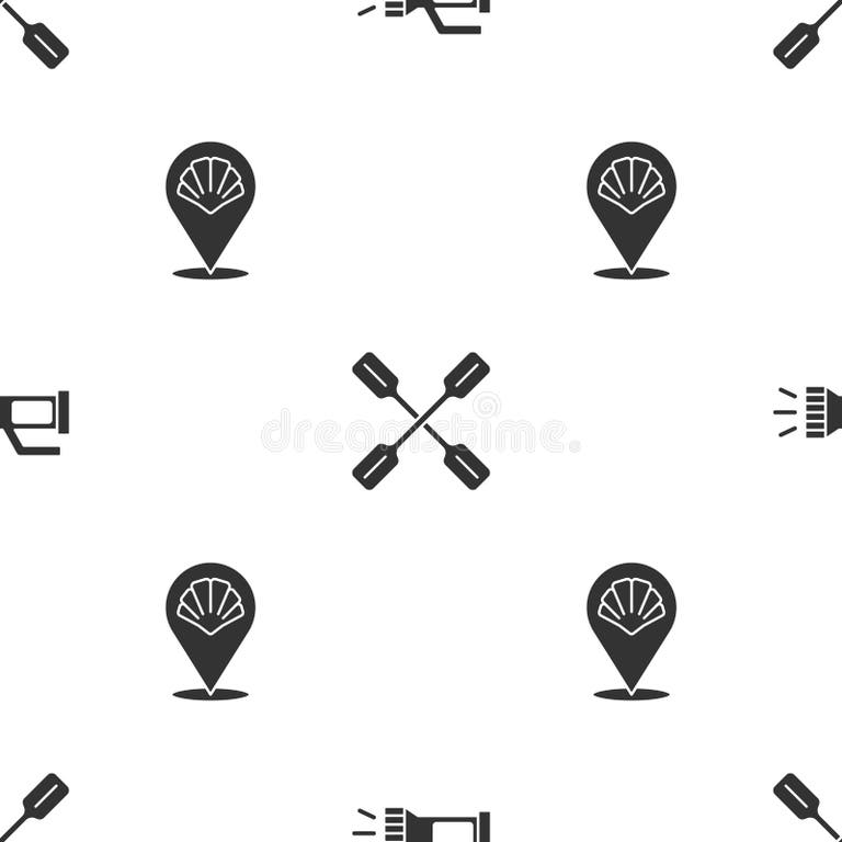 Set Flashlight, Paddle and Scallop Sea Shell on Seamless Pattern ...