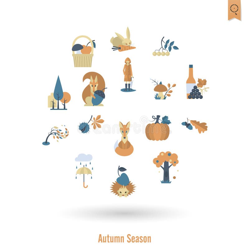 Set of Flat Autumn Icons stock vector. Illustration of hedgehog - 110995328