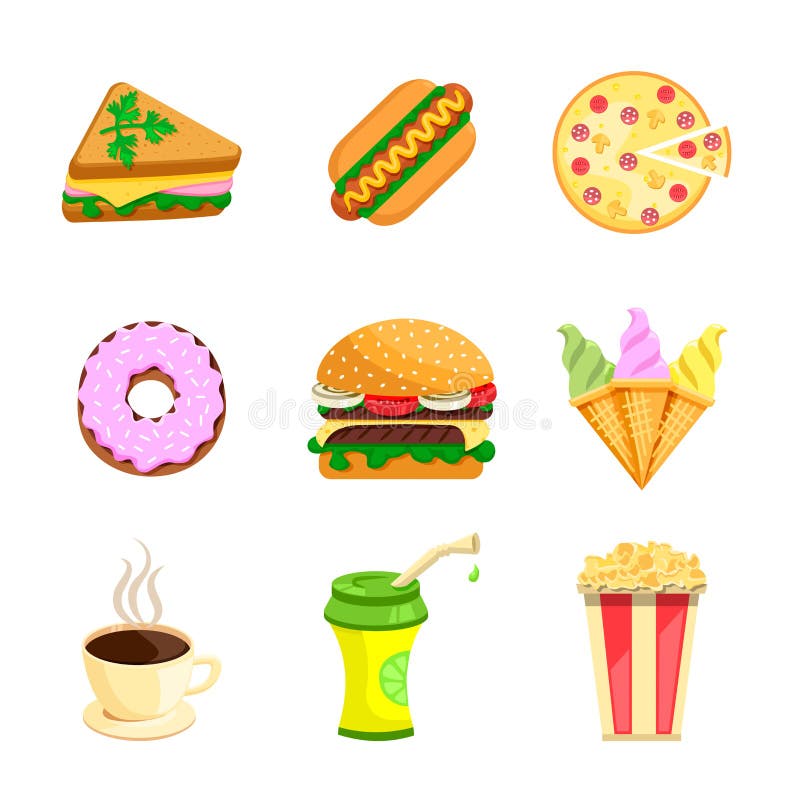 Set of Flat Cartoon Fast Food Stock Vector - Illustration of bread ...