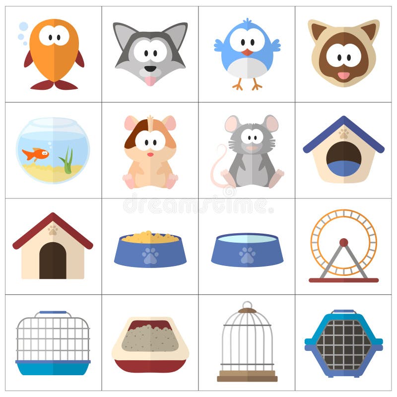 Set of Flat Cartoon Pets Icons Stock Vector - Illustration of cartoon ...