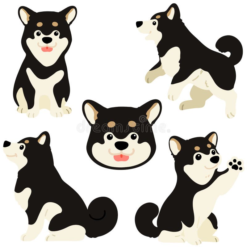 Set of Flat Colored Cute Black Shiba Inu Illustrations Stock Vector ...