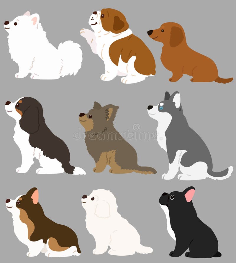 Set of Flat Colored Cute and Simple Dogs Sitting in Side View Stock ...