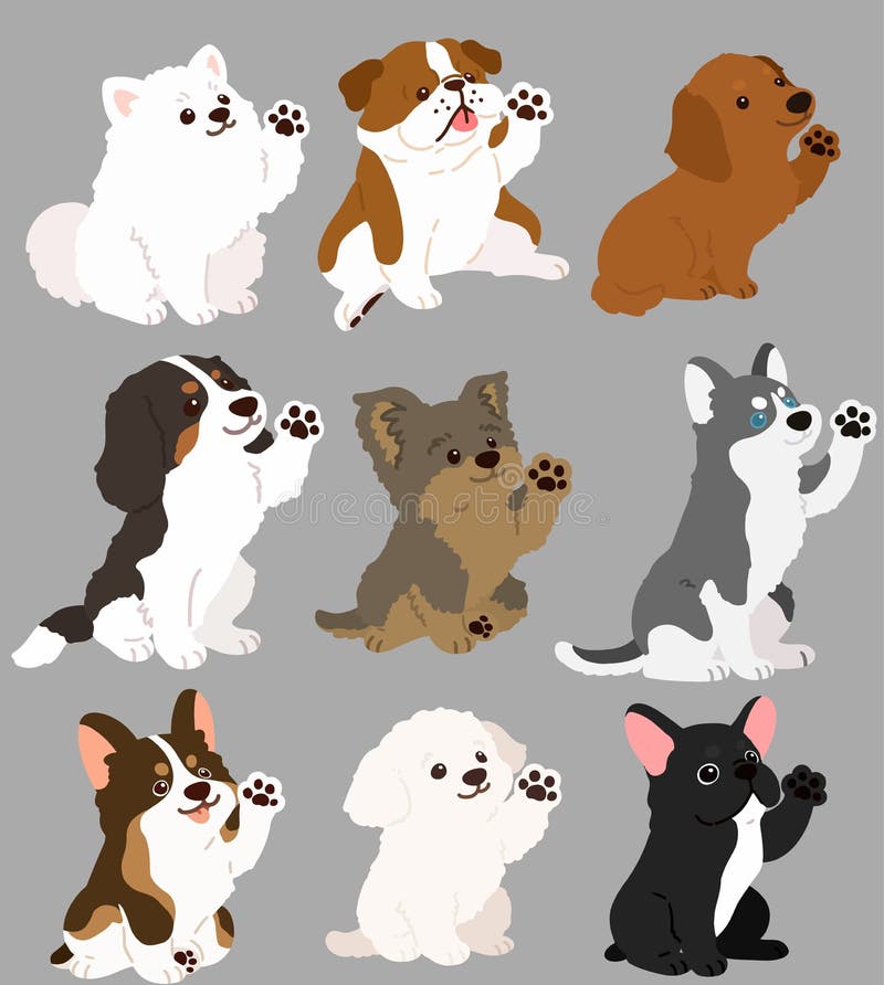 Set of Flat Colored Cute and Simple Dogs Sitting and Waving Hand Stock ...