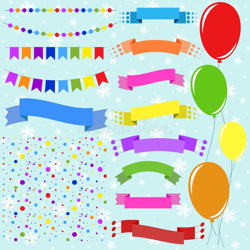Set Of Flat Colored Isolated Balloons On Ropes And Garlands Of Flags A