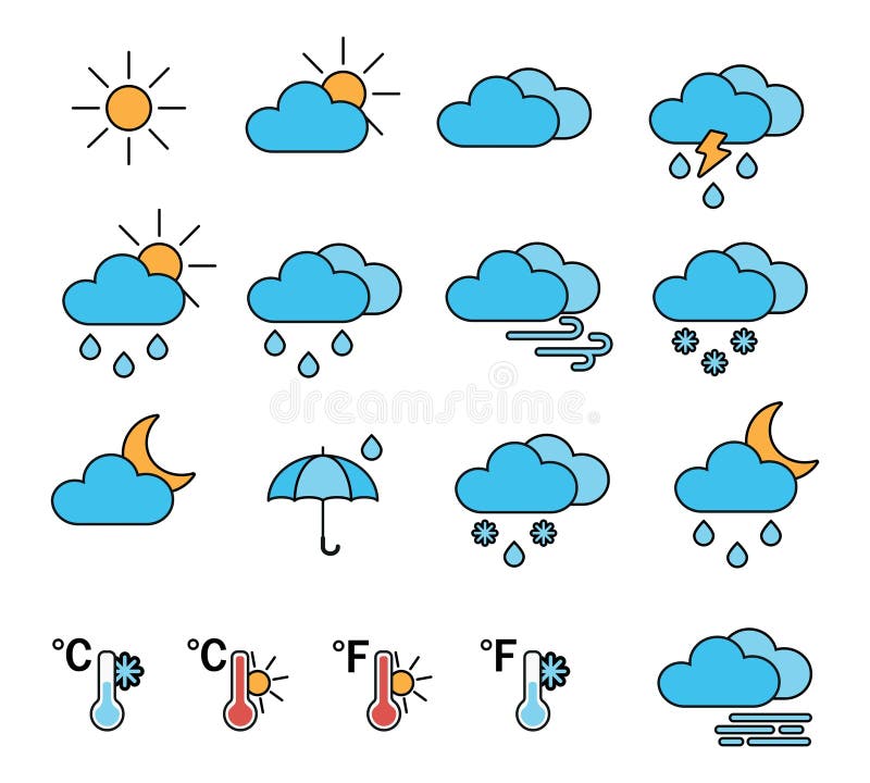 Set of Flat Colored Weather Icons. Weather Forecast. Vector Icons ...