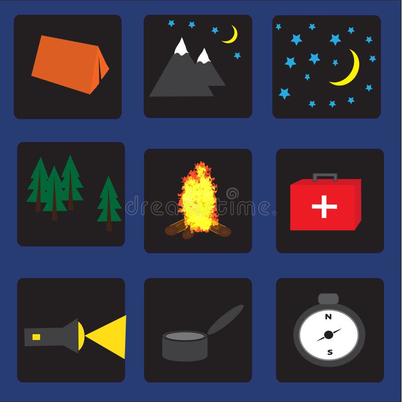 Set of Flat Colorful Vector Camping Equipment Symbols and Icons Stock ...