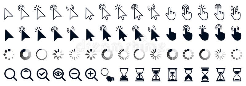 Set of Flat Cursor Icons in Hand and Arrow Form. Mouse Click Cursor Set. Arrow and Hand Pointer ...