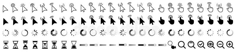 Set of Flat Cursor Icons in Hand and Arrow Form. Mouse Click Cursor Set. Arrow and Hand Pointer ...