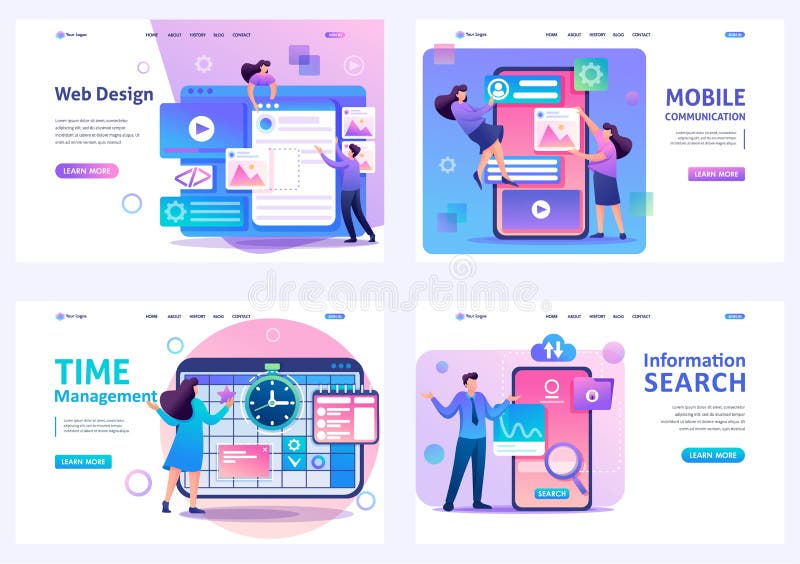 Set Flat 2D Concepts Web Design, Time Management, Mobile Communication ...